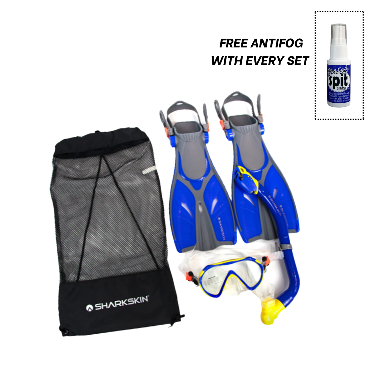 SHARKSKIN JUNIOR MASK, DRY SNORKEL FIN SET WITH MESH BAG + FREE ANTI-F ...