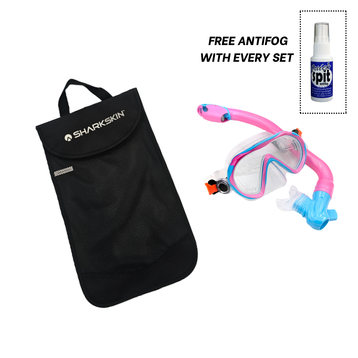 SHARKSKIN JUNIOR MASK & DRY SNORKEL SET WITH MESH BAG + FREE ANTI-FOG ...